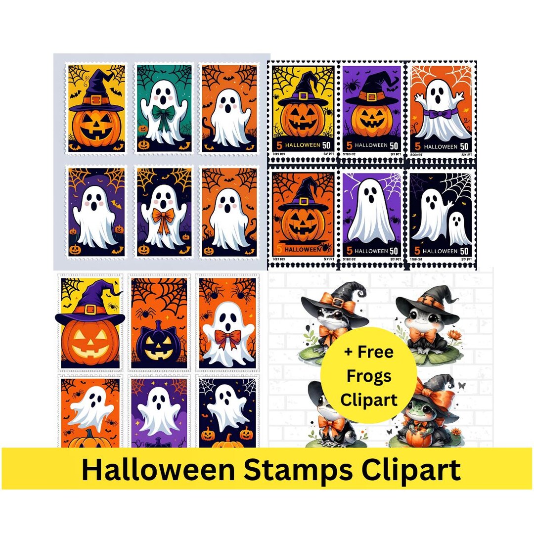 Halloween Stamp PNG Bundle, Vintage Spooky Postage Clipart, Fall Witch ...