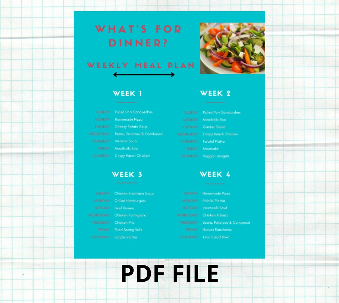 4 Week Dinner Meal Plan Printable Meal Plan Printable Meal - Etsy