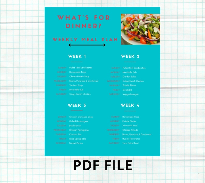 4 Week Dinner Meal Plan Printable Meal Plan Printable Meal - Etsy