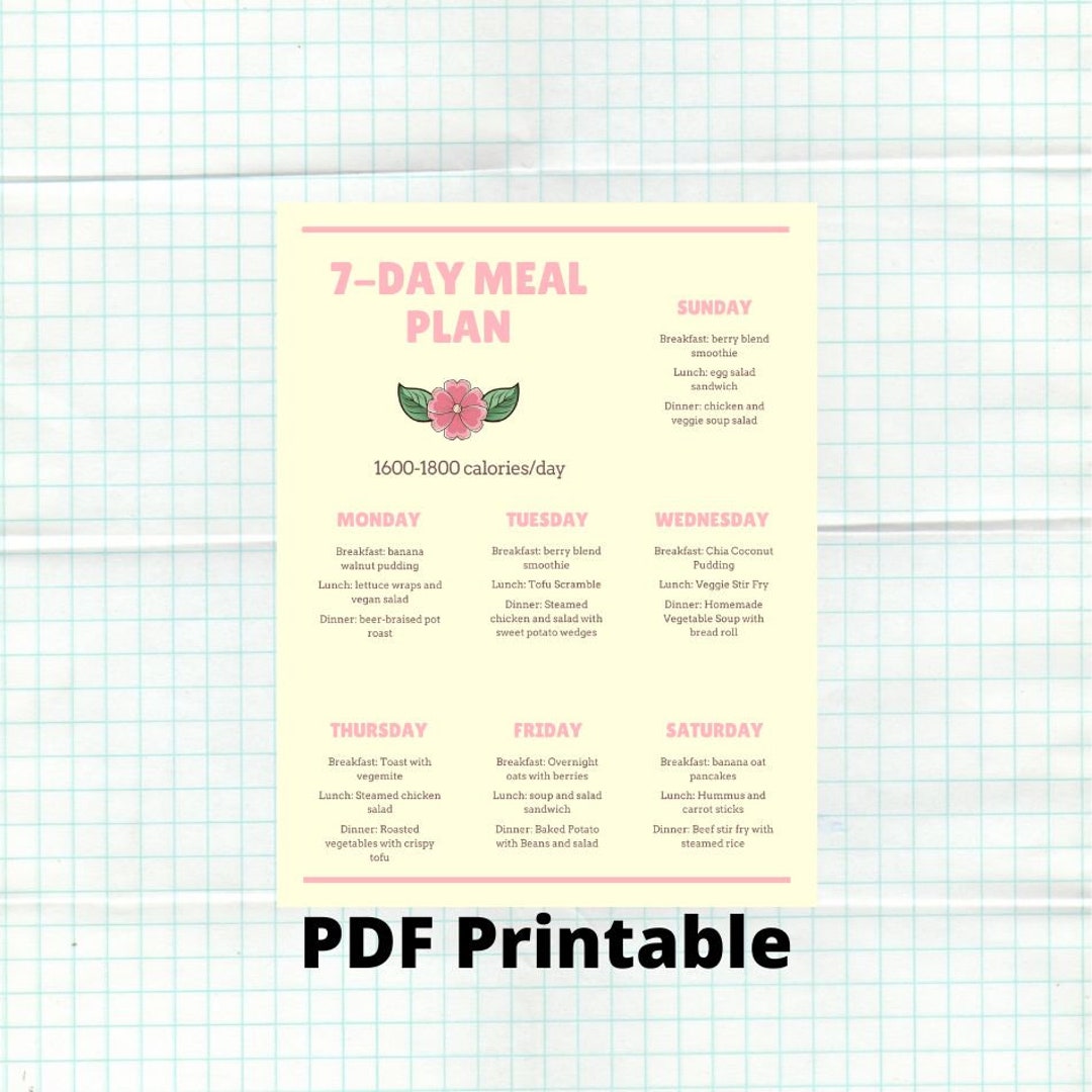 7 Day Meal Plan PDF Printable, Meal Plan, Meal Plan Printable, Weekly ...