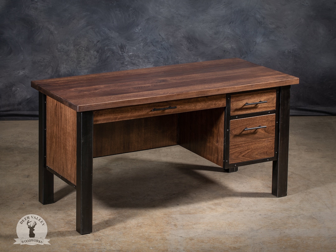 Walnut Executive Desk With Drawers, Modern Office Desk, Industrial Desk ...