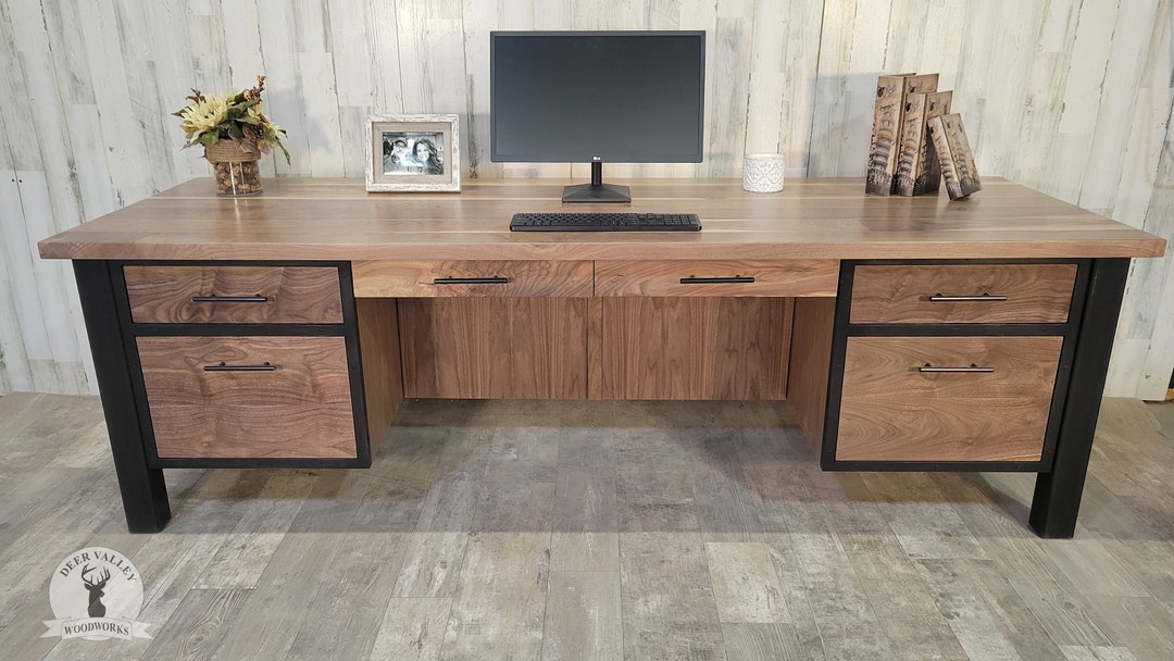Large 94 Walnut Executive Desk Office Computer Desk Industrial Desk Solid Wood Home Office Desk With Drawers Etsy