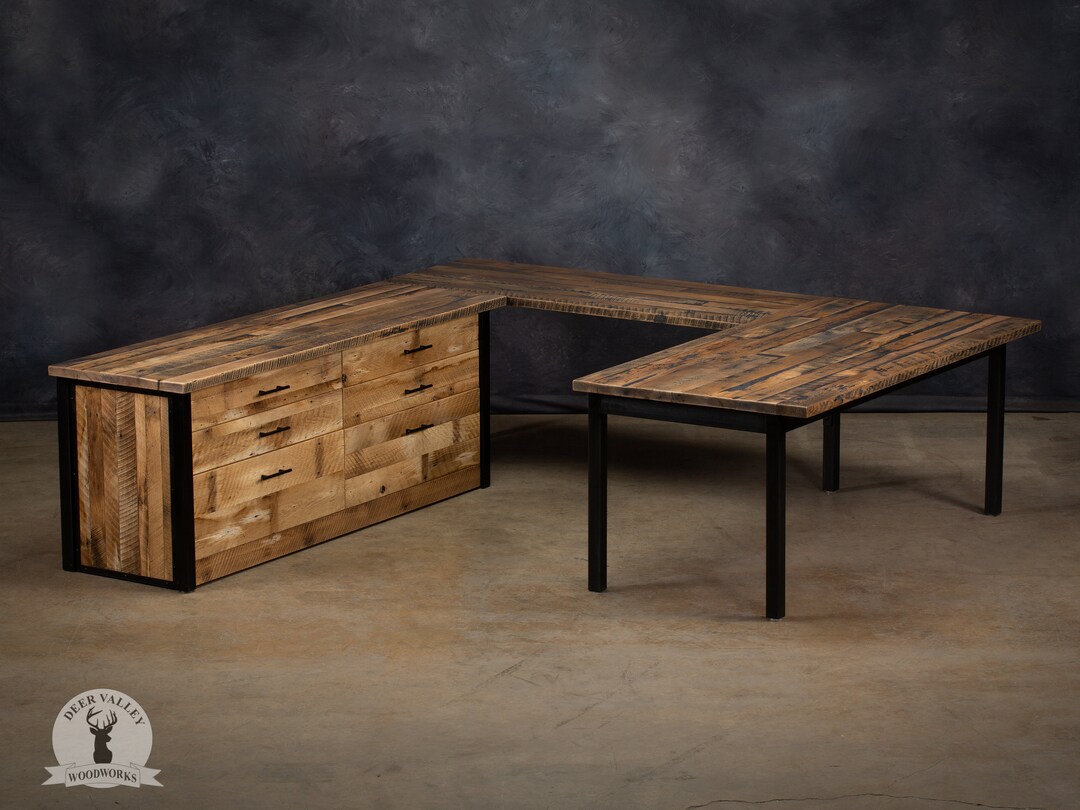 Reclaimed U-shaped Computer Office Desk With Credenza, Rustic Corner ...