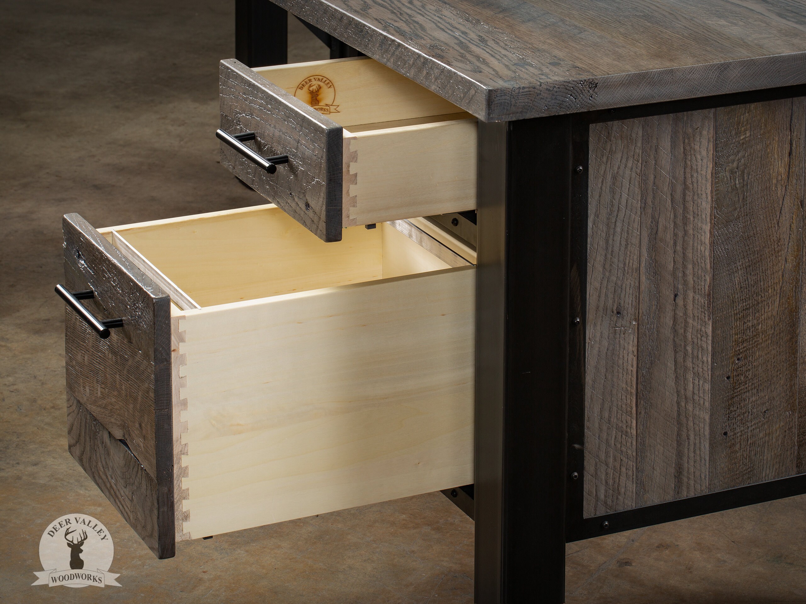 Stained Barnwood L-shaped Office Desk With Drawers, Rustic Corner Desk ...