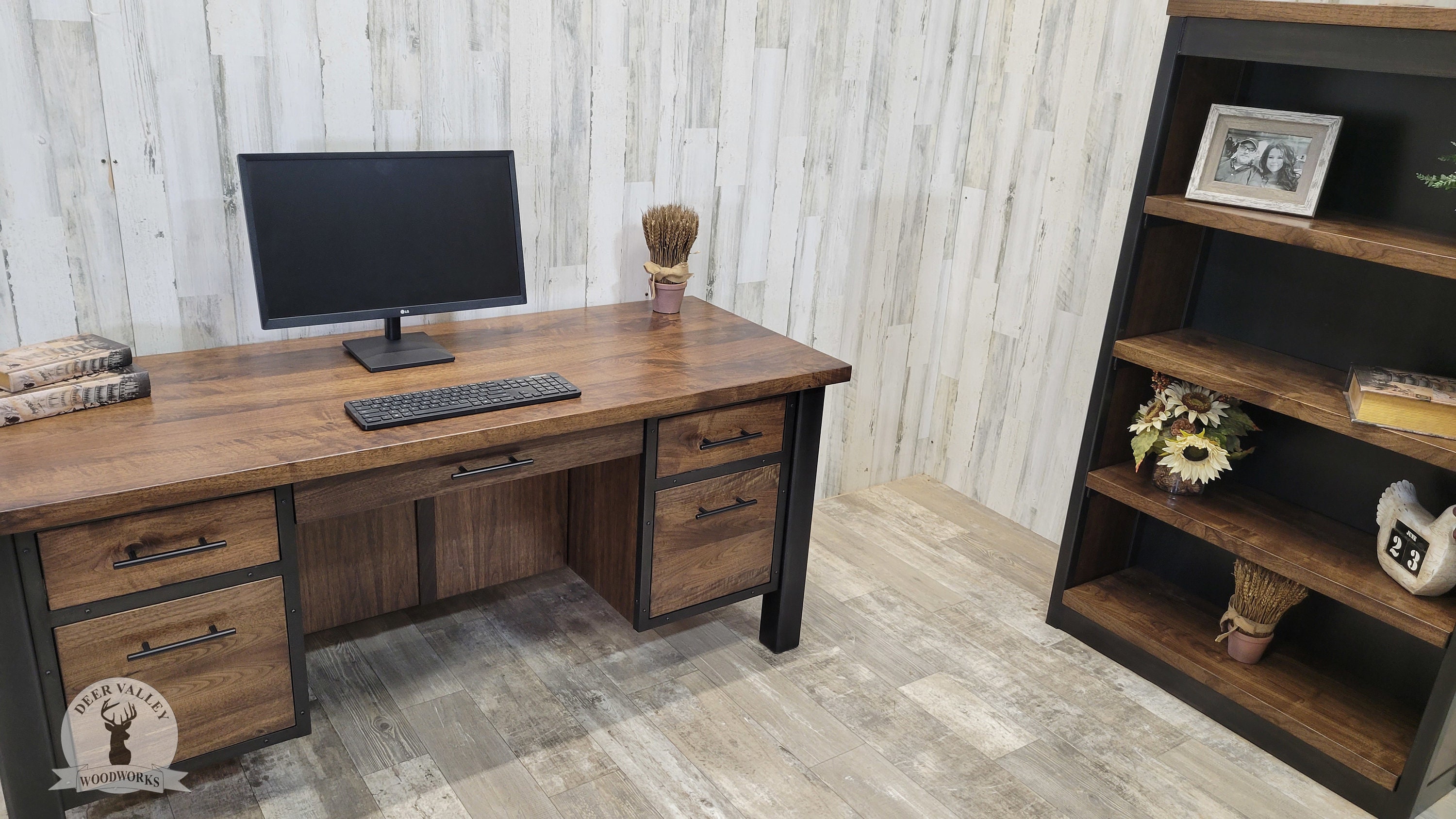 Executive Desk, Walnut Desk With Drawers, Industrial Office Desk, Wood ...