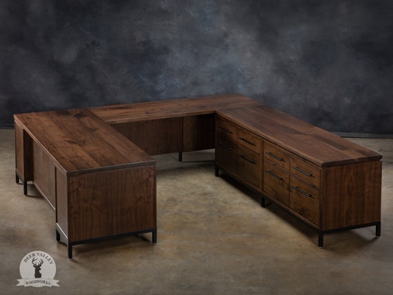 Walnut U shaped Computer Desk Modern Corner Desk Solid Wood Office Desk Wood Workstation With Credenza Corner Desk With Drawers Etsy