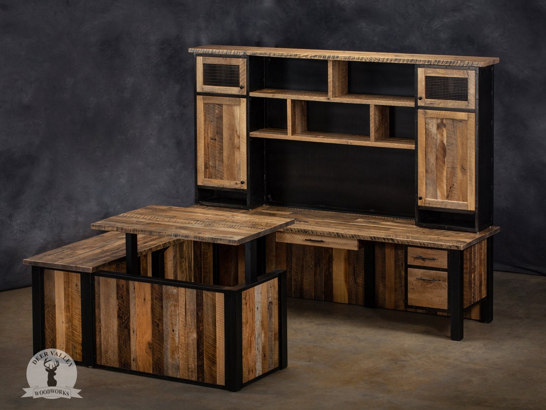 Reclaimed U-shaped Workstation With Sit Stand Desk and Hutch, Rustic ...