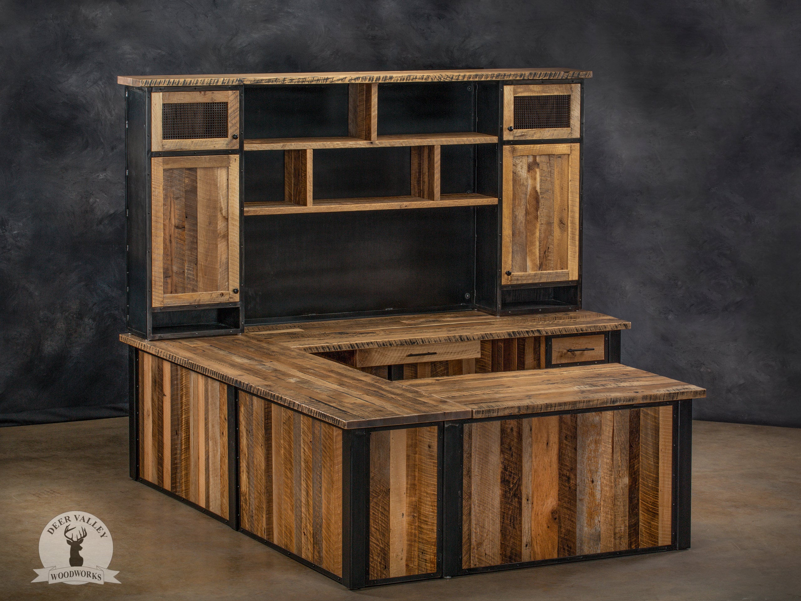 Reclaimed U-shaped Workstation With Sit Stand Desk and Hutch, Rustic ...