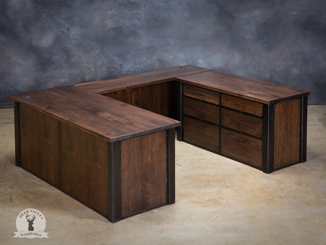 Walnut U-shaped Computer Desk, Rustic Corner Desk, Solid Wood Office ...