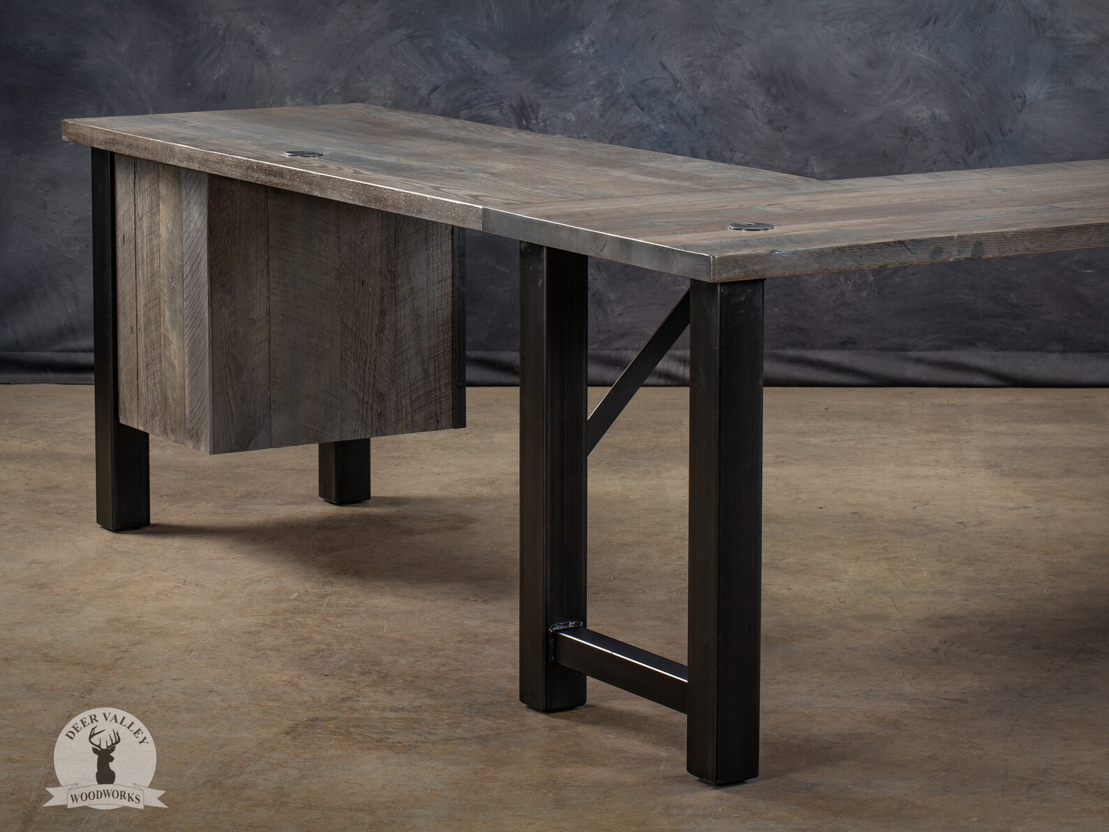 Stained Barnwood L-shaped Office Desk With Drawers, Rustic Corner Desk ...