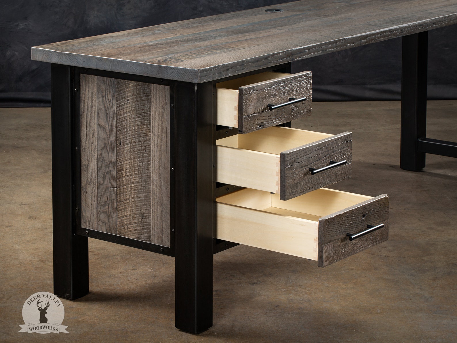 Stained Barnwood L-shaped Office Desk With Drawers, Rustic Corner Desk ...