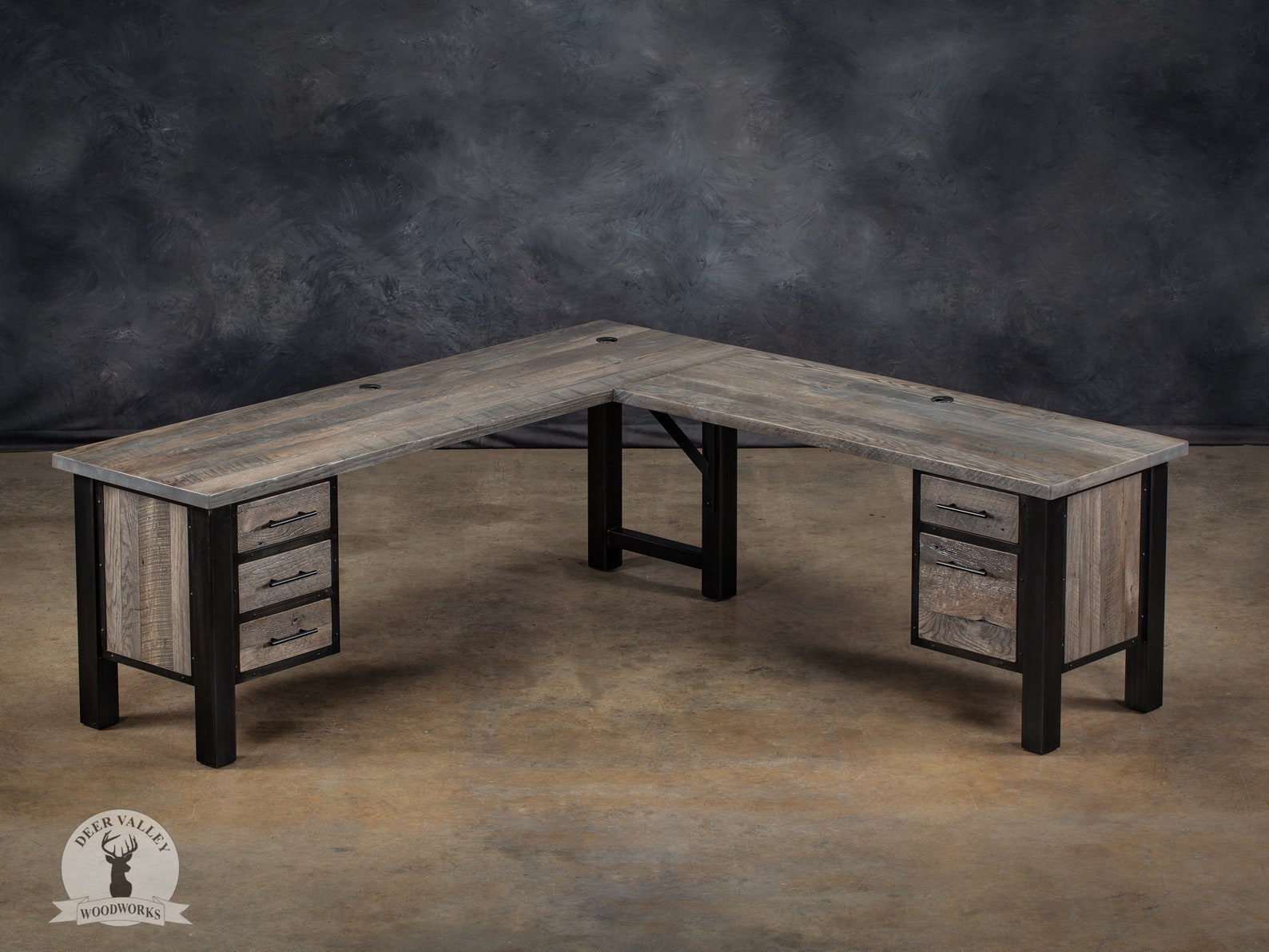 Stained Barnwood L-shaped Office Desk With Drawers, Rustic Corner Desk ...