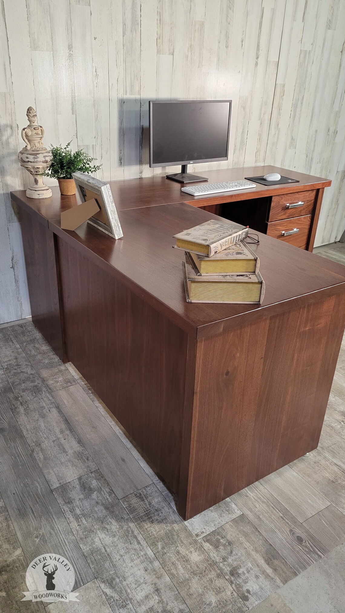 Walnut L-shaped Desk, Executive Corner Desk, Wood Office Desk, Solid ...