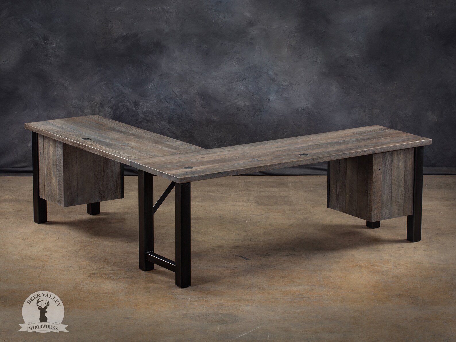 Stained Barnwood L-shaped Office Desk With Drawers, Rustic Corner Desk ...