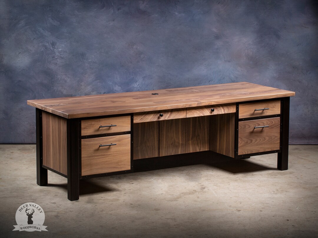Large 94" Walnut Executive Desk, Office Computer Desk, Industrial Desk ...