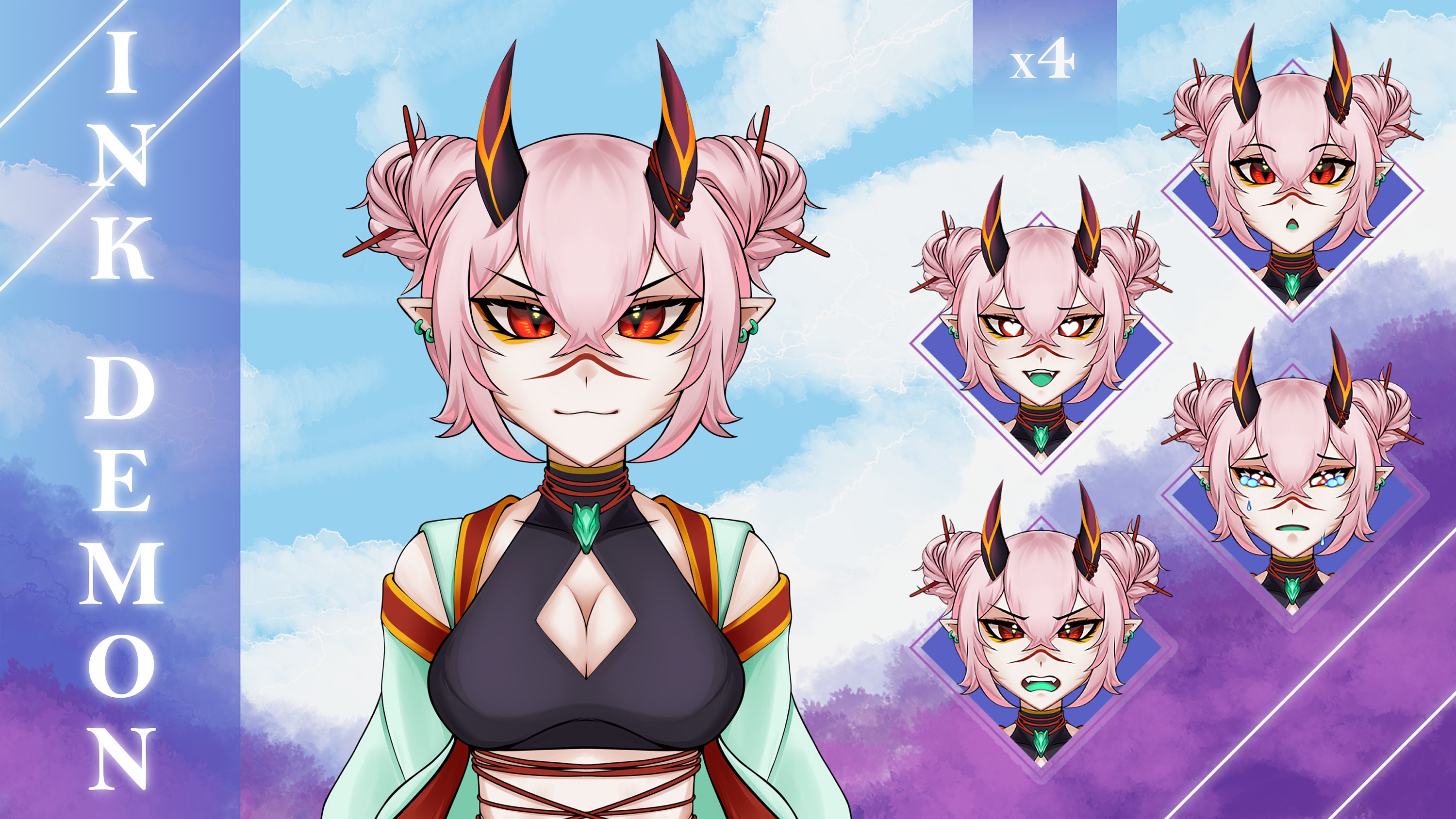 Ink Demon Pngtuber Design P2u Pink Haired Demon Girl To Etsy