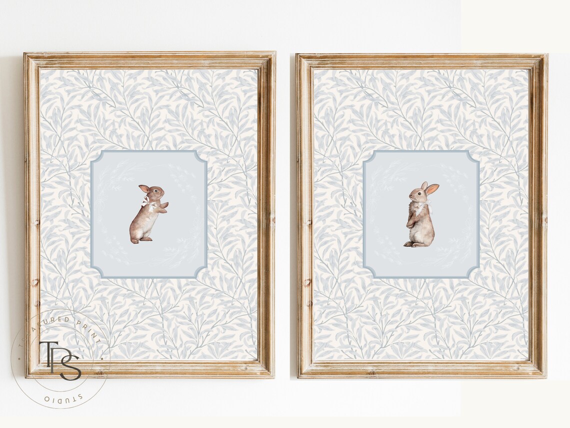 Light Blue Pastel Rabbit Vintage Print Nursery Decor Bunny - Etsy