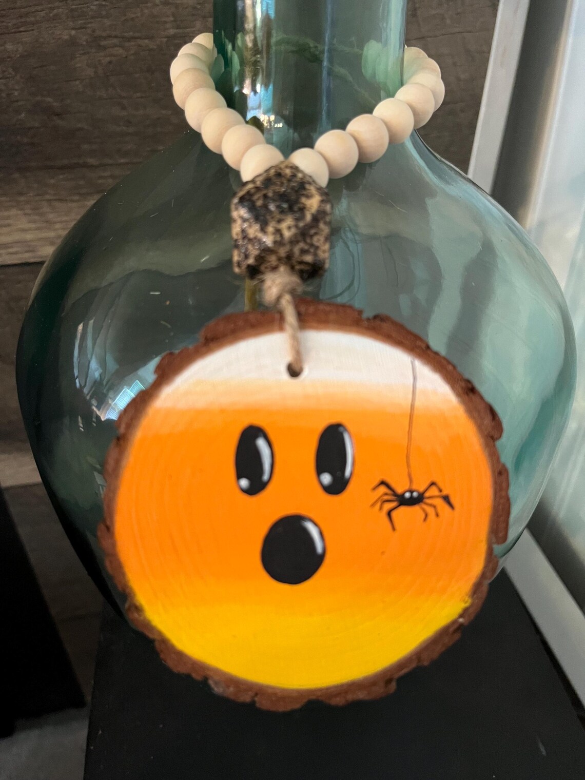 Hand Painted Candy Corn With Spider Wood Slice Ornament - Etsy