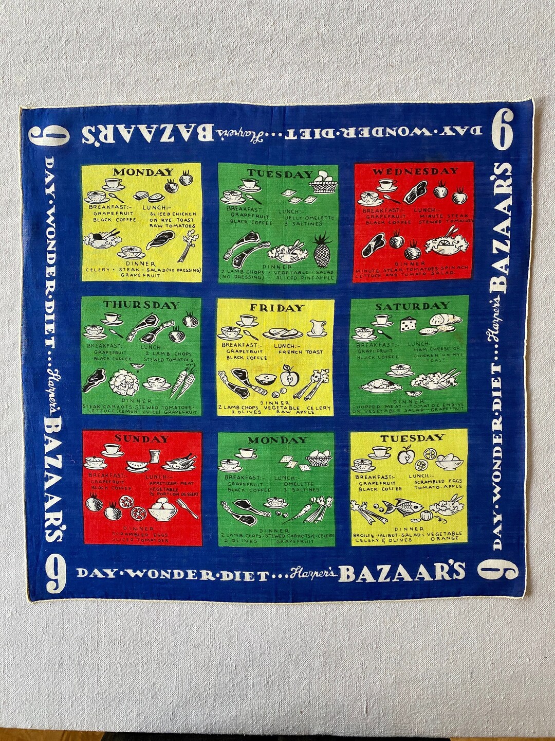 Vintage Novelty Hanky Harpers Bazaar's 9 Day Wonder Diet - Etsy