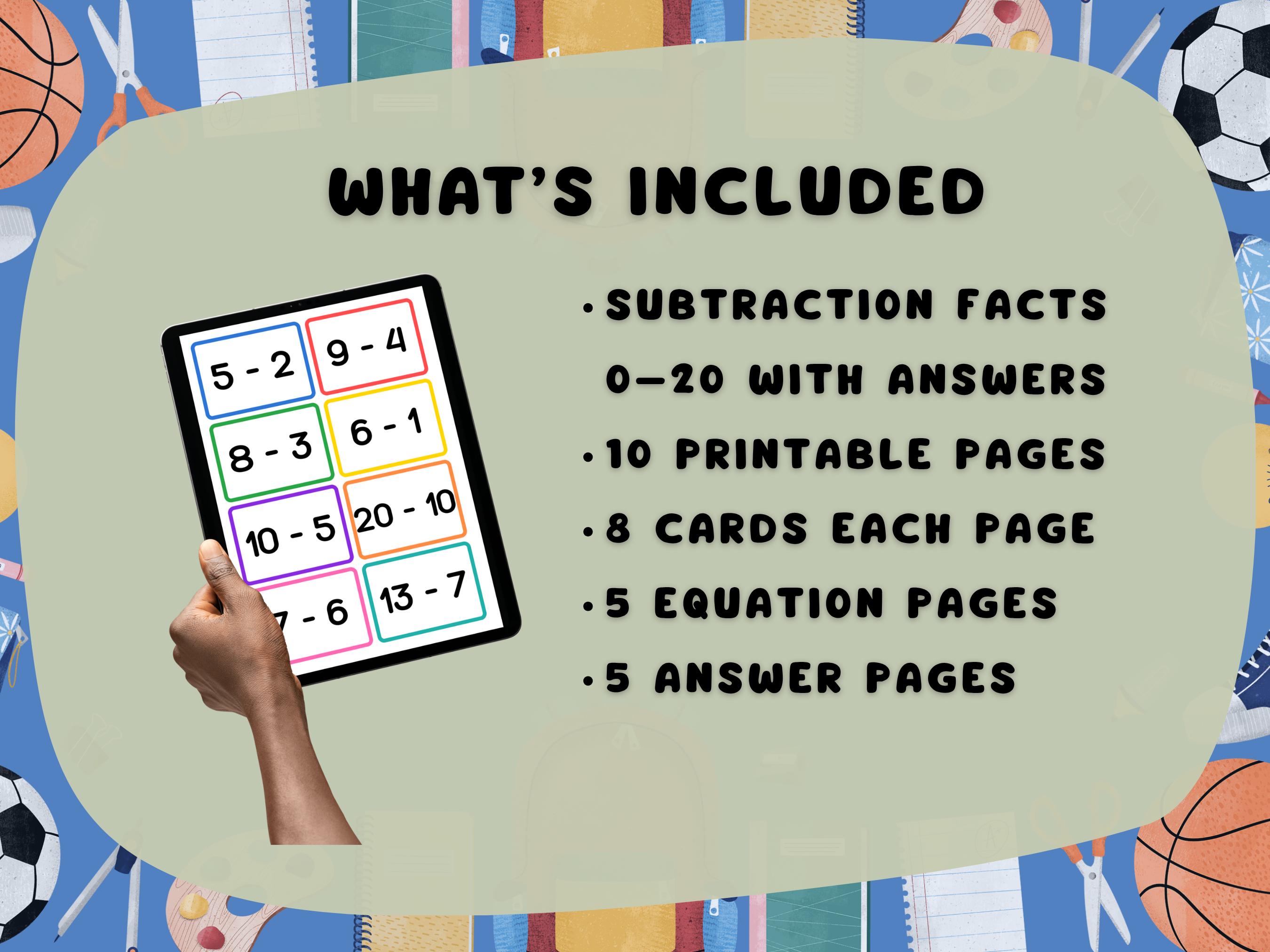 Subtraction Flash Cards With Answers: Math Facts Practice (PDF Download ...