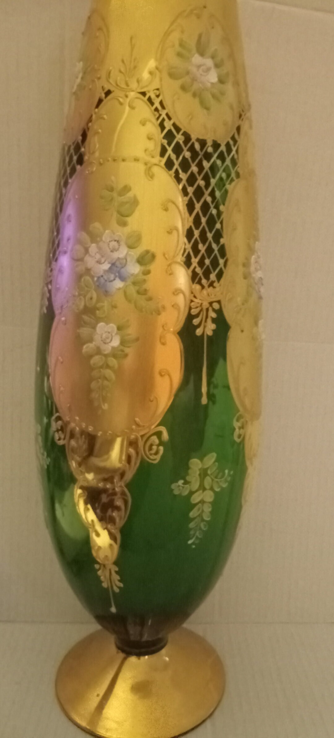 Italian Murano Tre Fuochi Tall Vase Green 24kt Gold Salvadori Flowers Art Glass Etsy