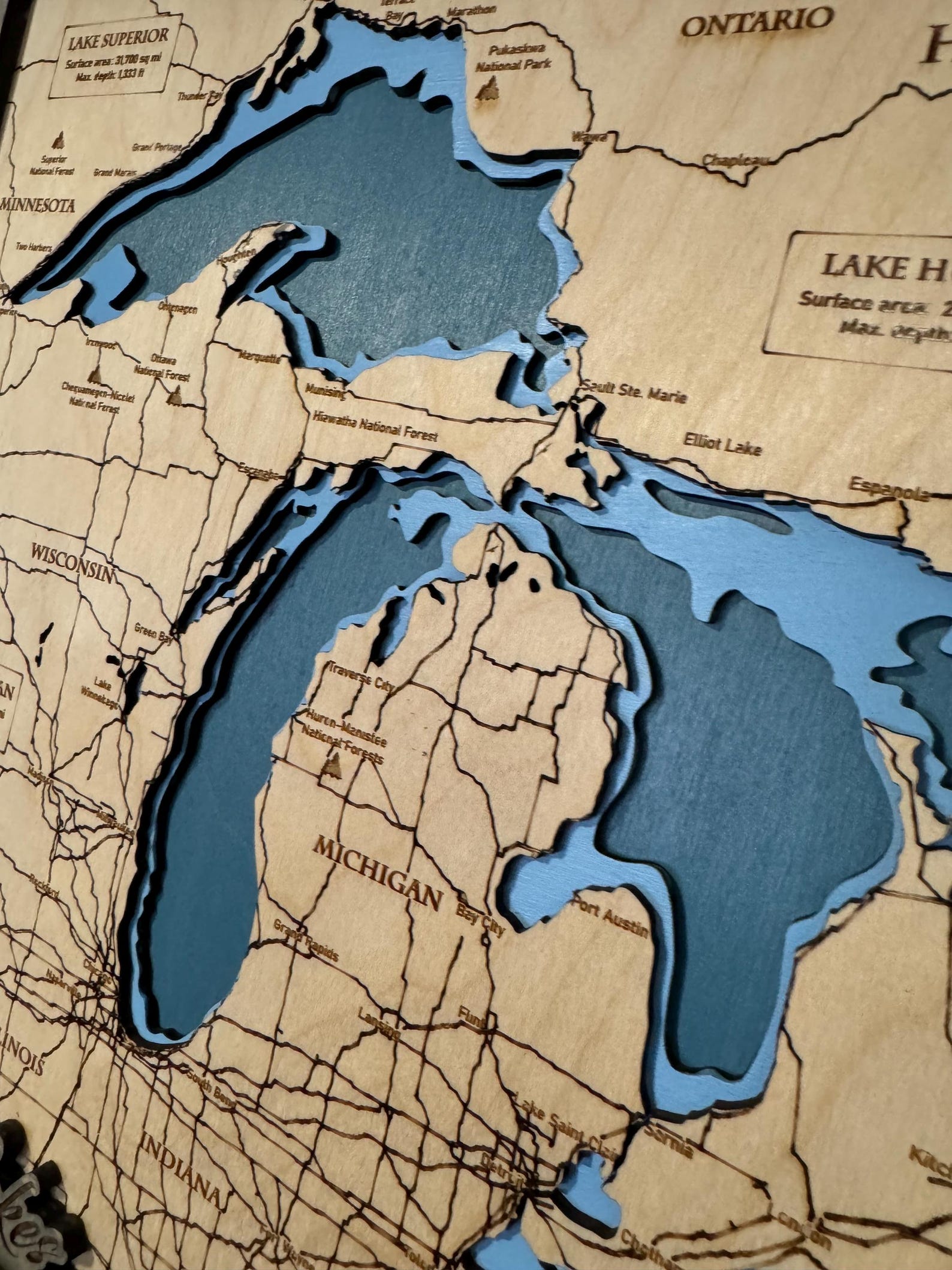 Great Lakes Layered Map, Depth Map, Customized Wood Map, Contour ...