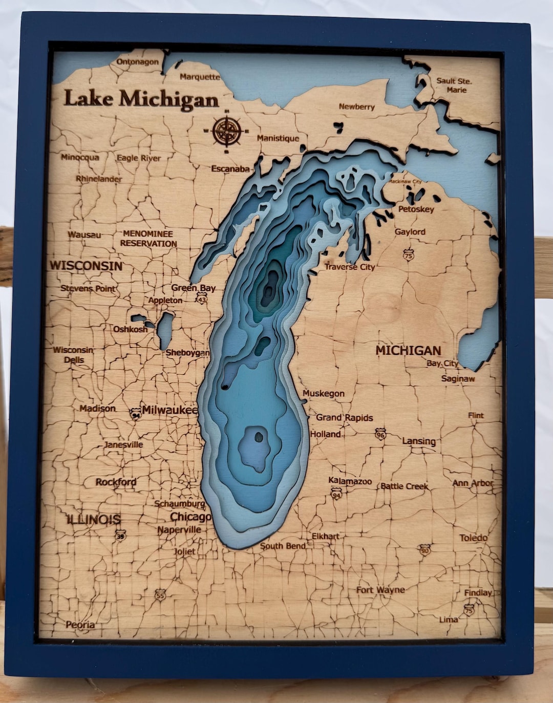 Lake Michigan Depth Map, Layered Nautical Map, Wood Topography Map ...