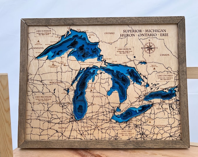 Great Lakes Layered Map, Depth Map, Customized Wood Map, Contour ...