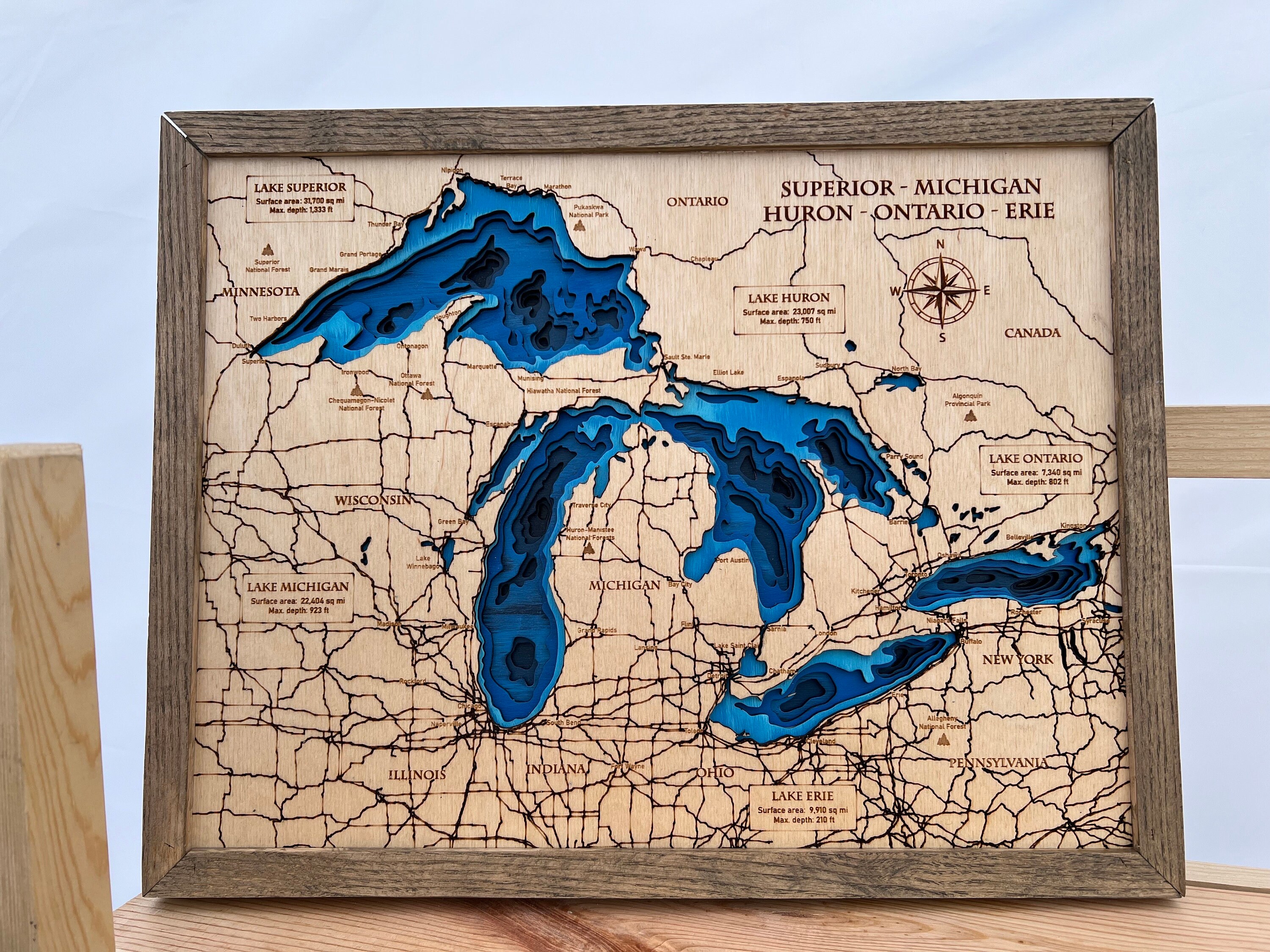 Great Lakes Layered Map, Depth Map, Customized Wood Map, Contour ...