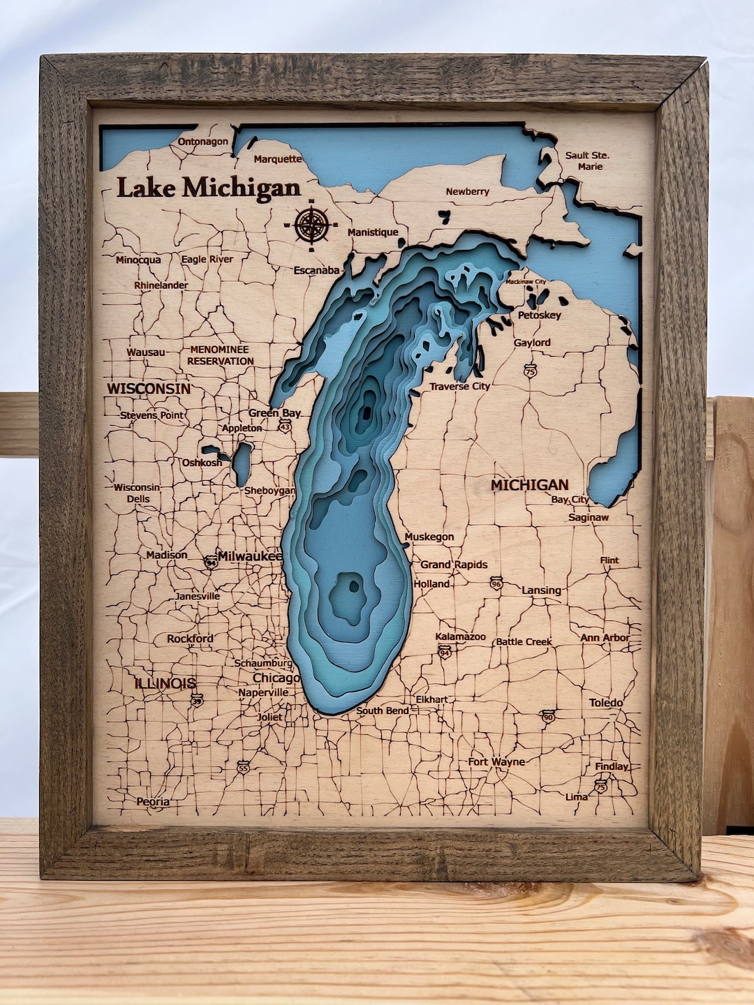 Lake Michigan 11 Layers Map, Depth Map, Customized Wood Map, Contour ...