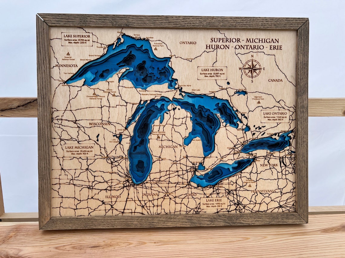 Great Lakes Layered Map, Depth Map, Customized Wood Map, Contour ...