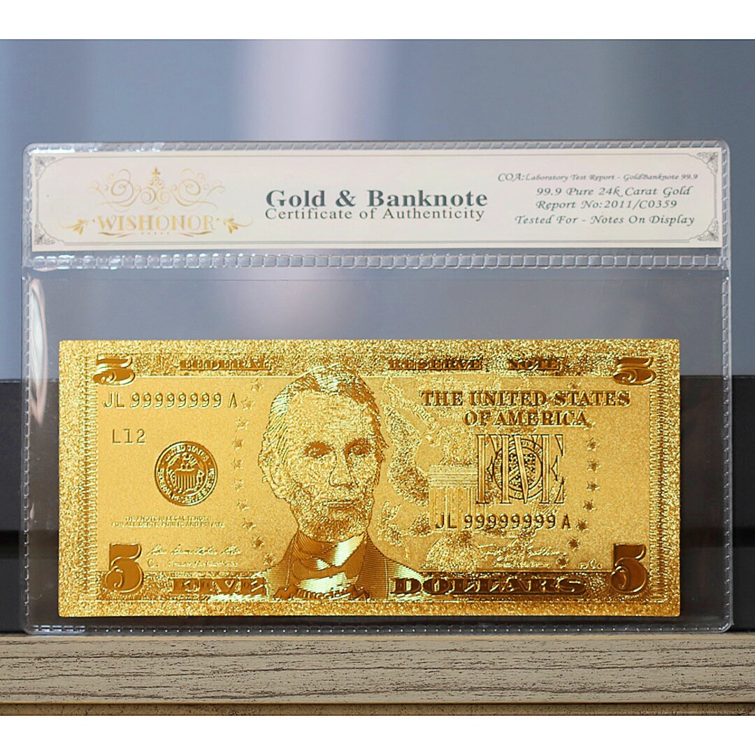 100mg 24K Gold 2009 5 Five Dollar Bill Federal Reserve Banknote With ...