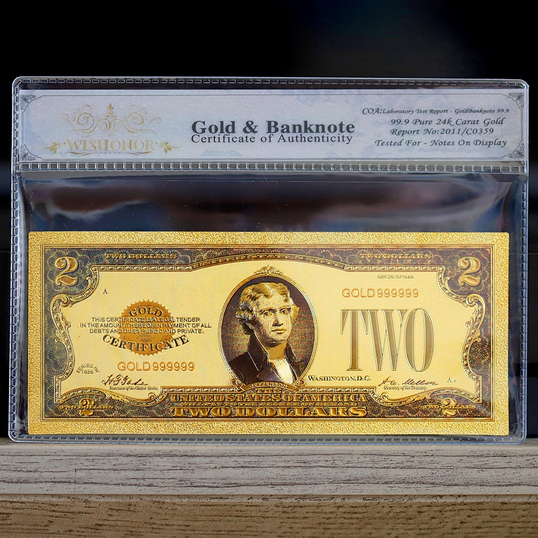 100mg 24K Gold 1928 2 Two Dollar Bill Gold Certificate Banknote With ...