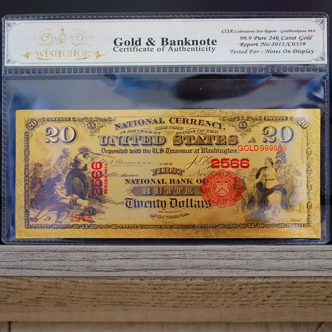 1875 20 Twenty Dollar Bill National Currency Banknote - 24K Gold With ...
