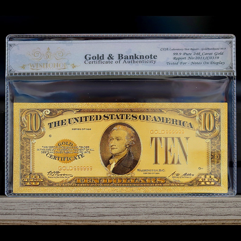 100mg 24K Gold 1928 10 Ten Dollar Bill Gold Certificate Banknote With ...