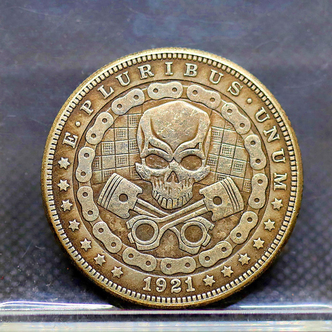 Hobo 1921 P Morgan Dollar Skull and Engine Pistons Carved Nickel Coin ...