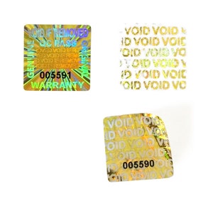 100 Gold Security Hologram Stickers Serial Numbers Warranty Void If ...