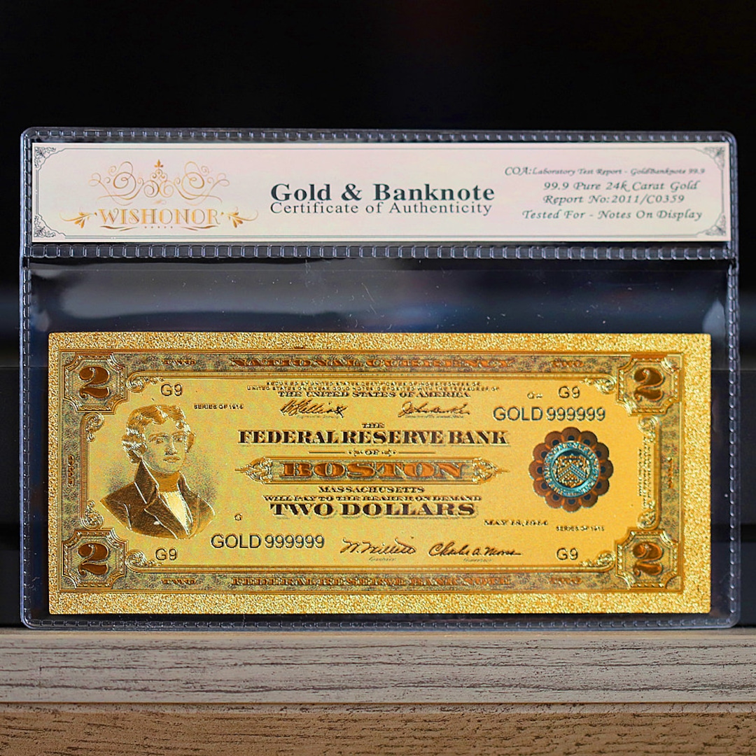 100mg 24K Gold 1918 2 Dollar Bill Federal Reserve Note Large Banknote ...