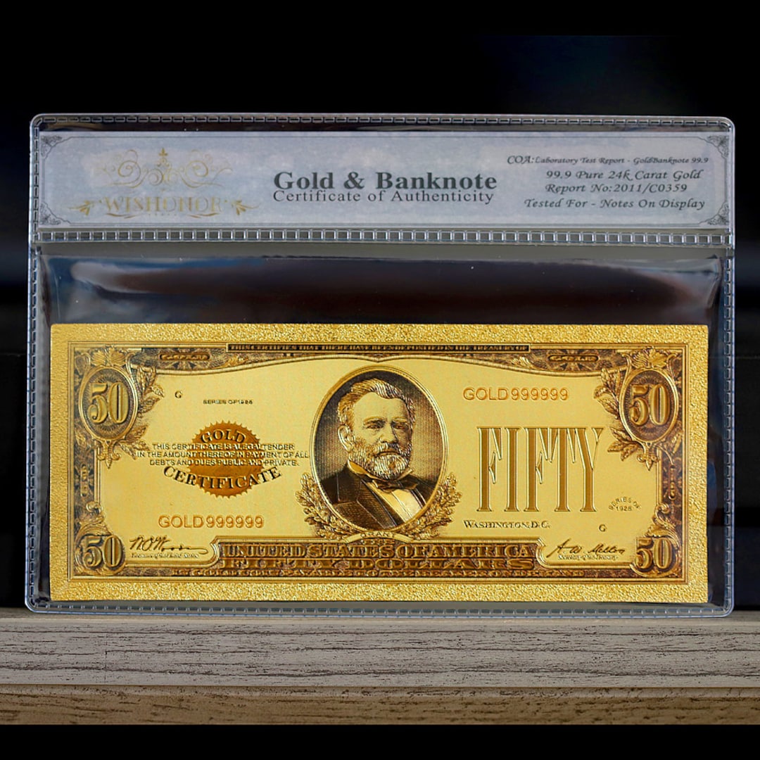 100mg 24K Gold 1928 50 Fifty Dollar Bill Gold Certificate Banknote With ...