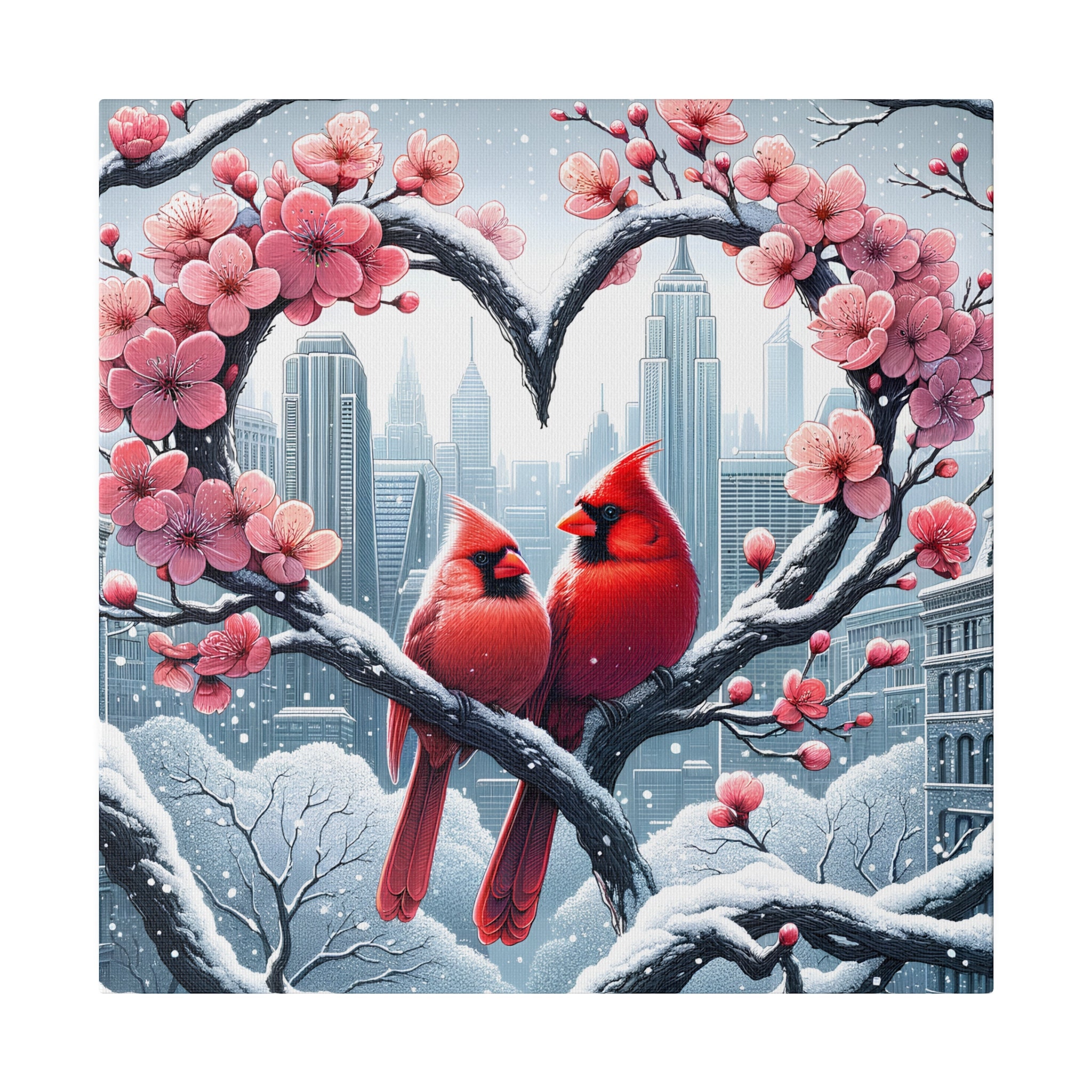 Cardinal Cityscape Winter Canvas Print Heart-shaped Blossom Tree, Snow ...