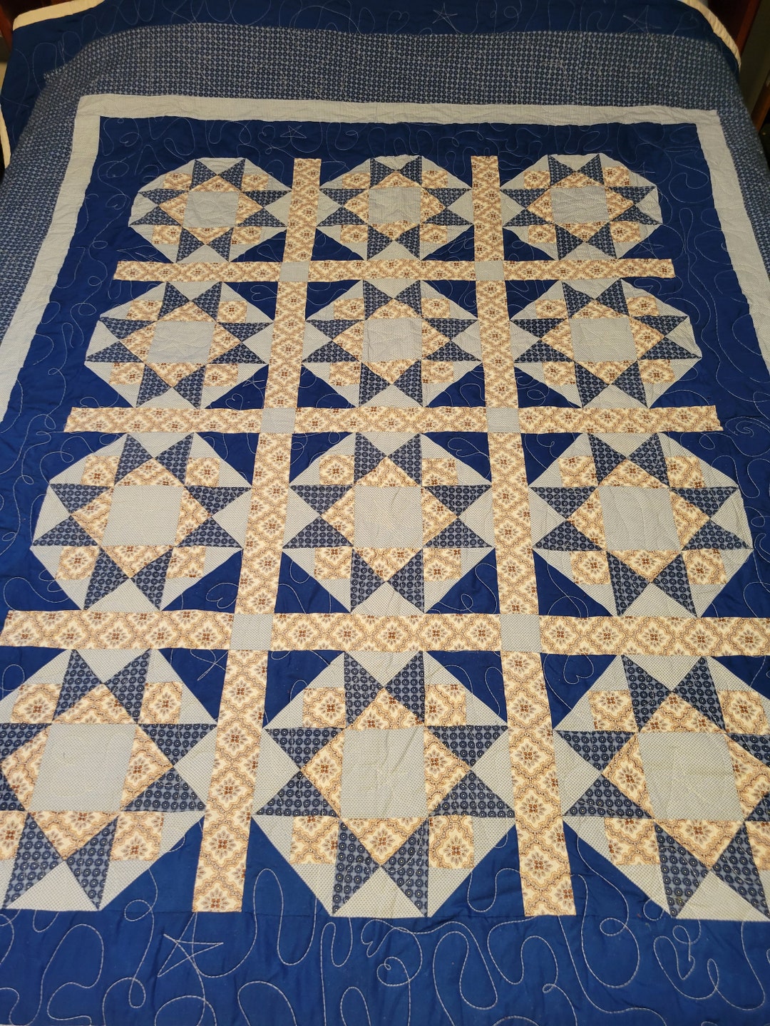 Handmade Star Quilt: Blue & Tan Patchwork - Etsy