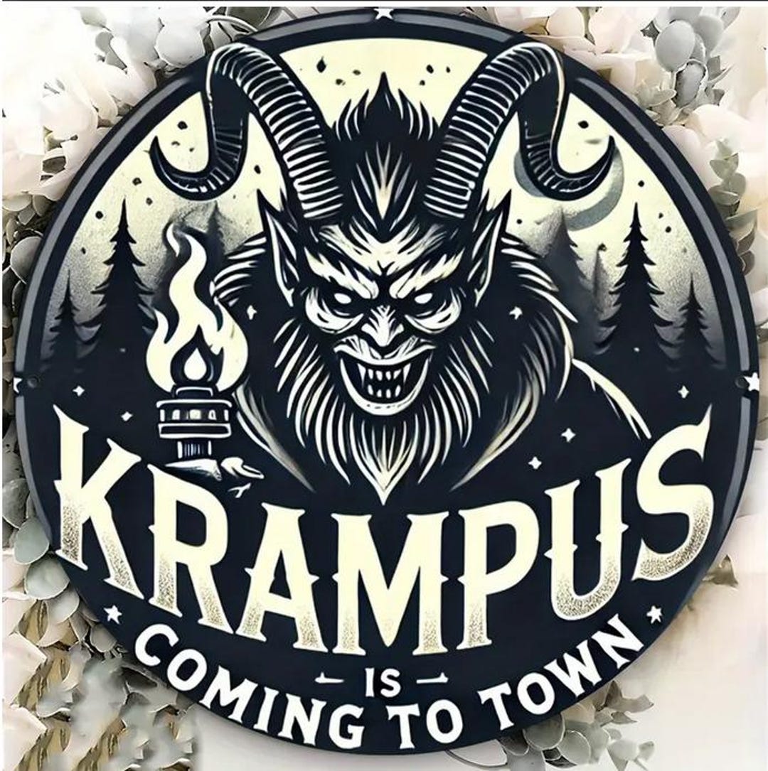 Krampus is Coming to Town Christmas 8 Round Aluminum Tin Metal Vintage Goth Horror Horned Devil ...