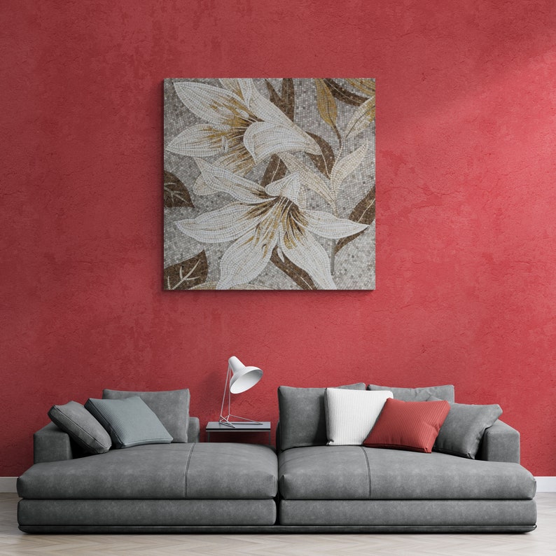 Elegant Floral Mosaic Wall Art | Handcrafted White Lily Marble Tile ...