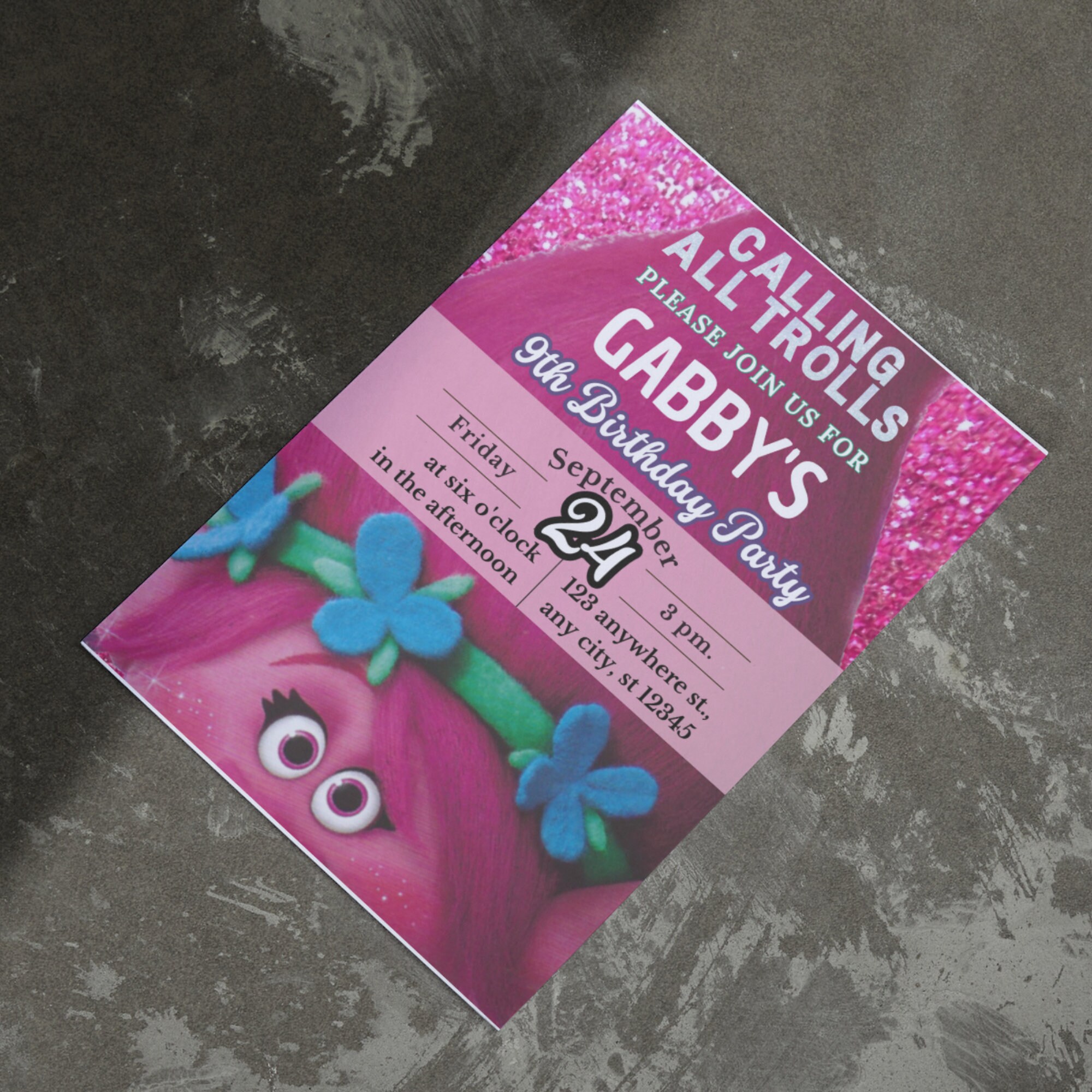 Poppy Invite Template, Printable Birthday Invitation, Editable Trolls ...