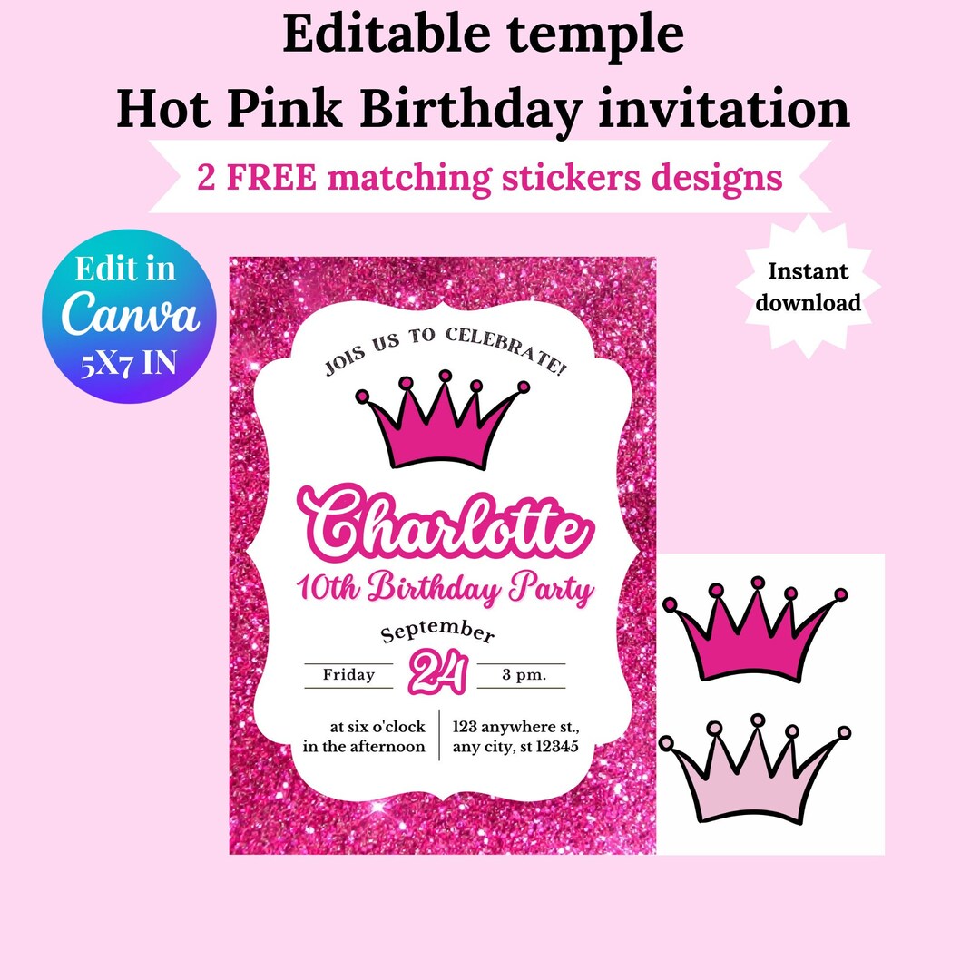 Editable Pink Birthday Invitation, Pink Little Princess Invitations ...