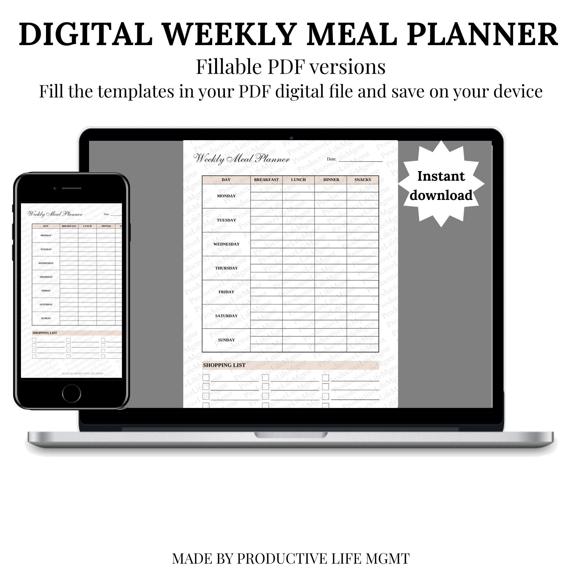 Weekly Meal Planner | Digital Meal Planner | Digital Daily Planner ...
