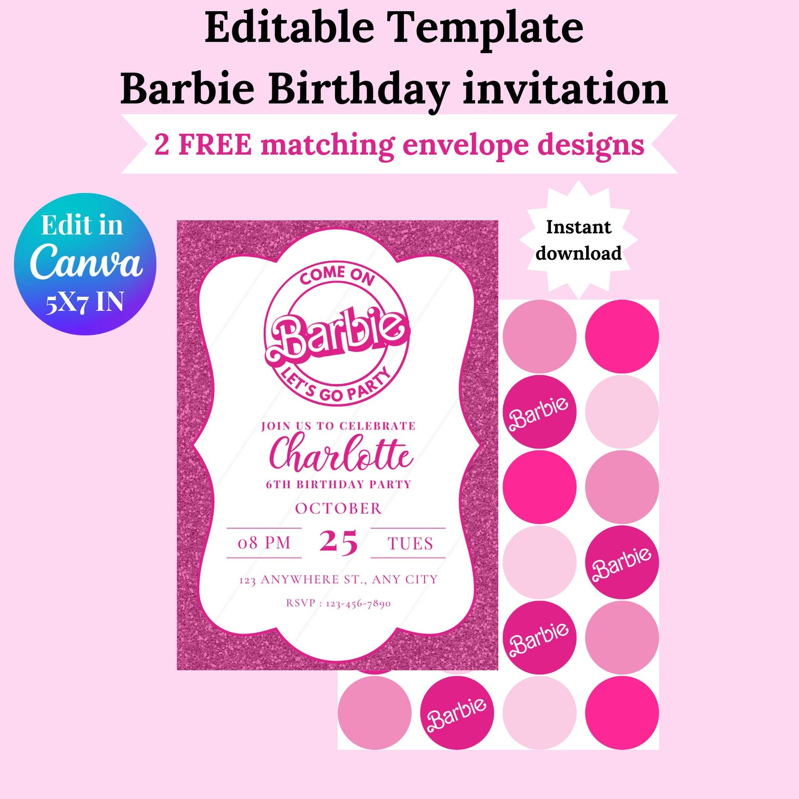 Pink Doll Birthday Party Invitation, Pink Doll Editable Party ...