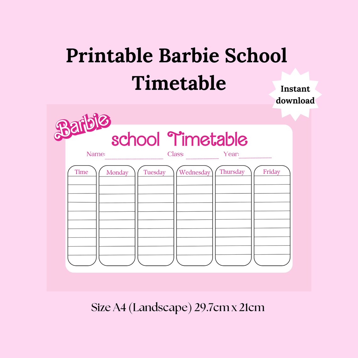 Printable Barbie School Timetable, Kids Daily Schedule, Back to School ...