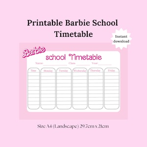 Printable Barbie School Timetable, Kids Daily Schedule, Back to School ...