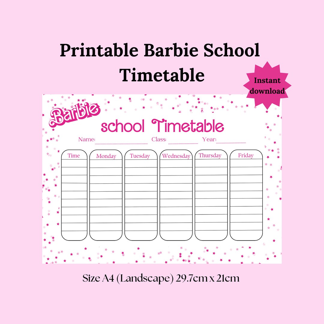 Printable Barbie School Timetable, Kids Daily Schedule, Back to School ...